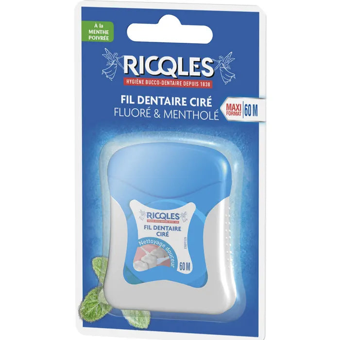 Ricqles Waxed dental floss fluoride and mentholated with peppermint 60m